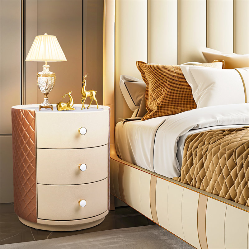 Round Nightstand Bedside Table Cabinet With 3 Drawer Anti Scratch For Bedoom